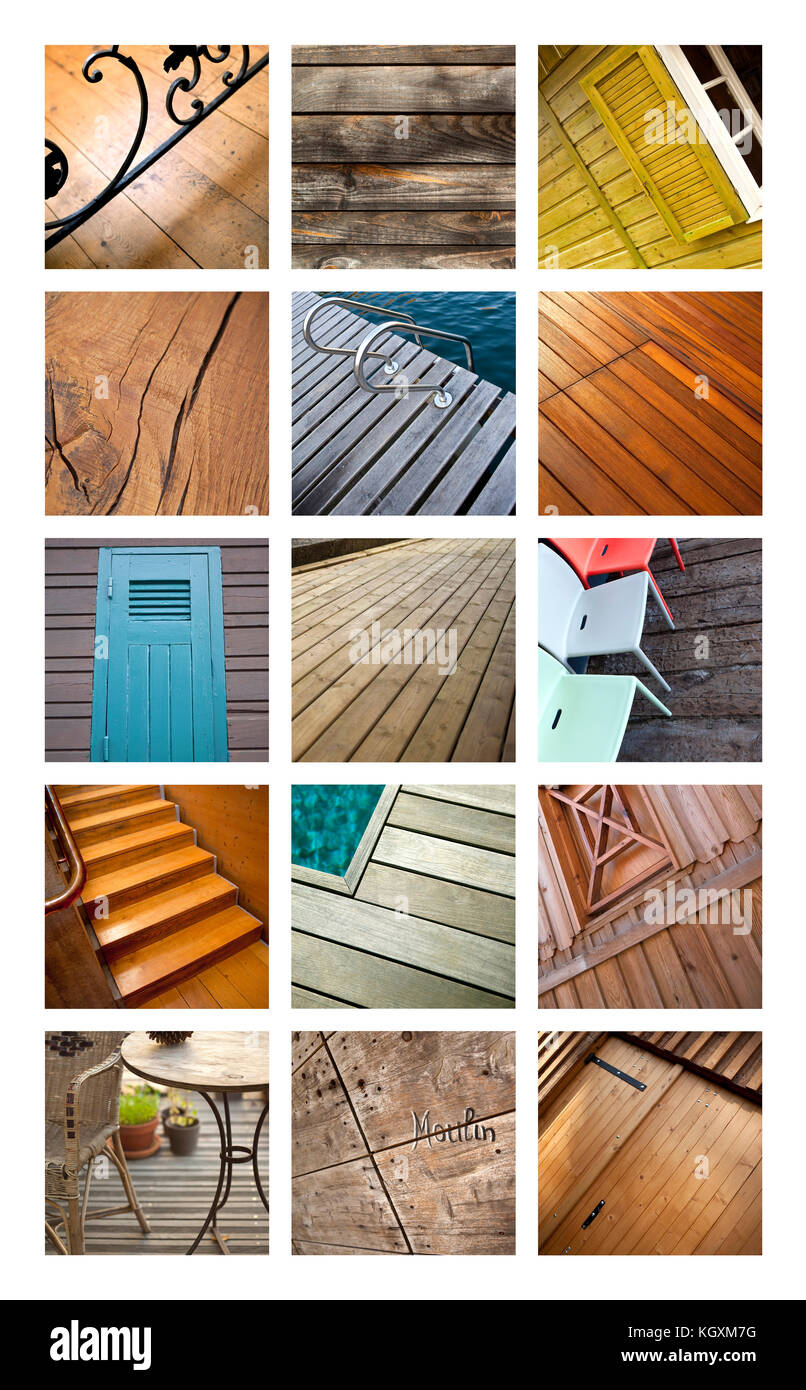Wooden terraces and floors on a collage Stock Photo - Alamy