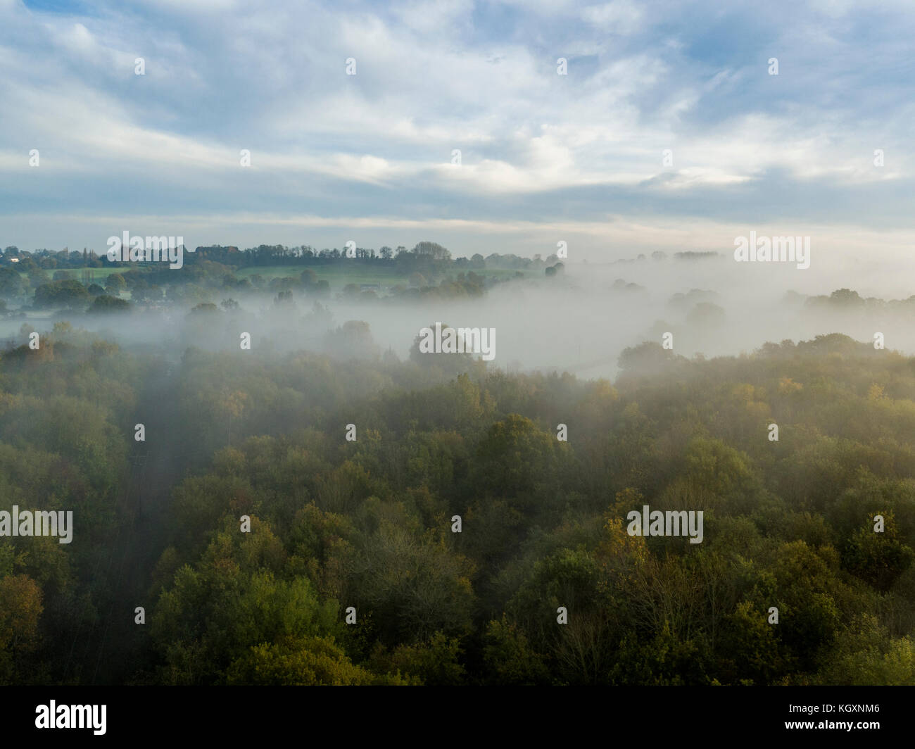 Aerial view of mist over Dering woods, Egerton, Kent Stock Photo - Alamy