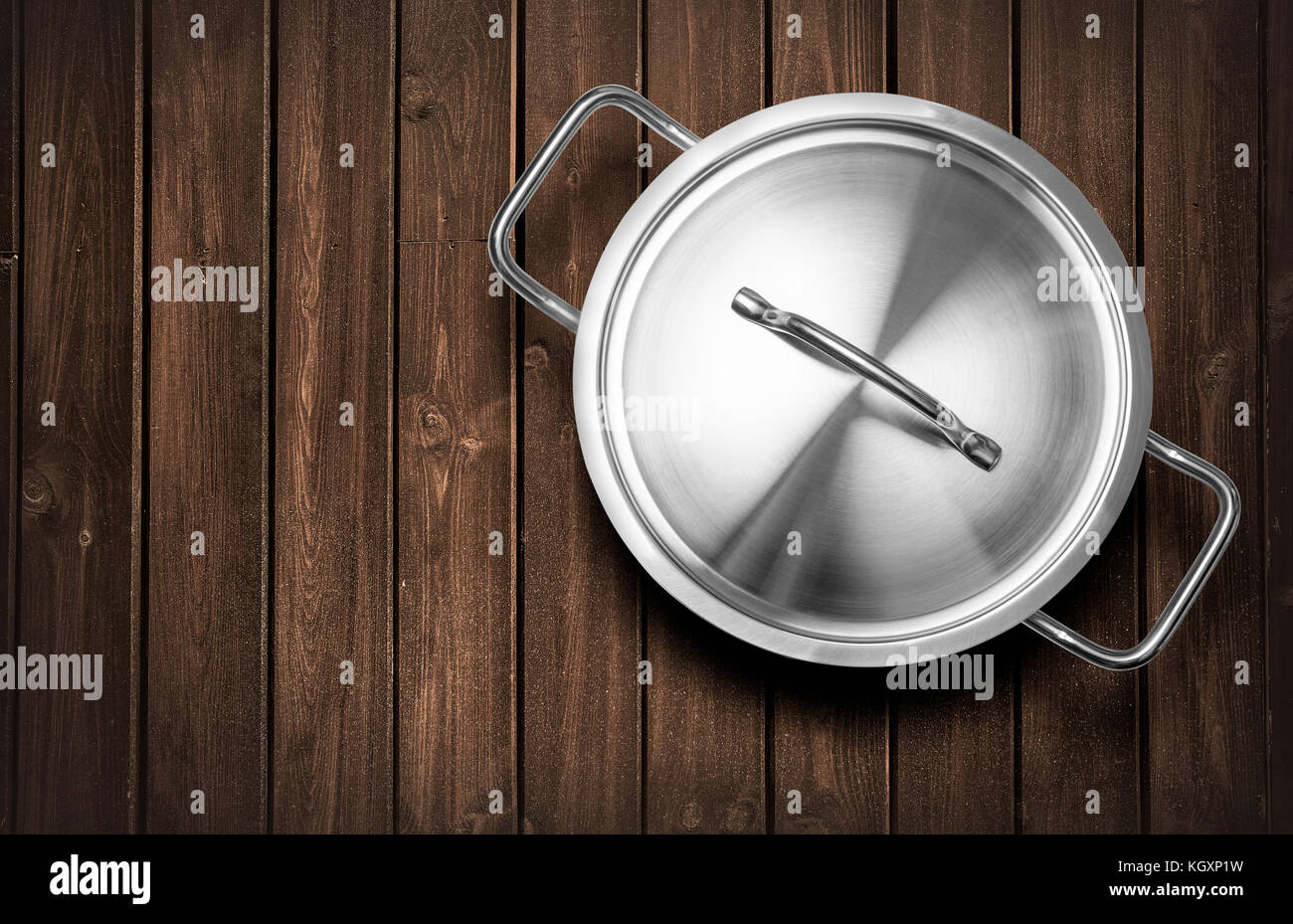 Pots on a wooden kitchen bench with copy space Stock Photo - Alamy