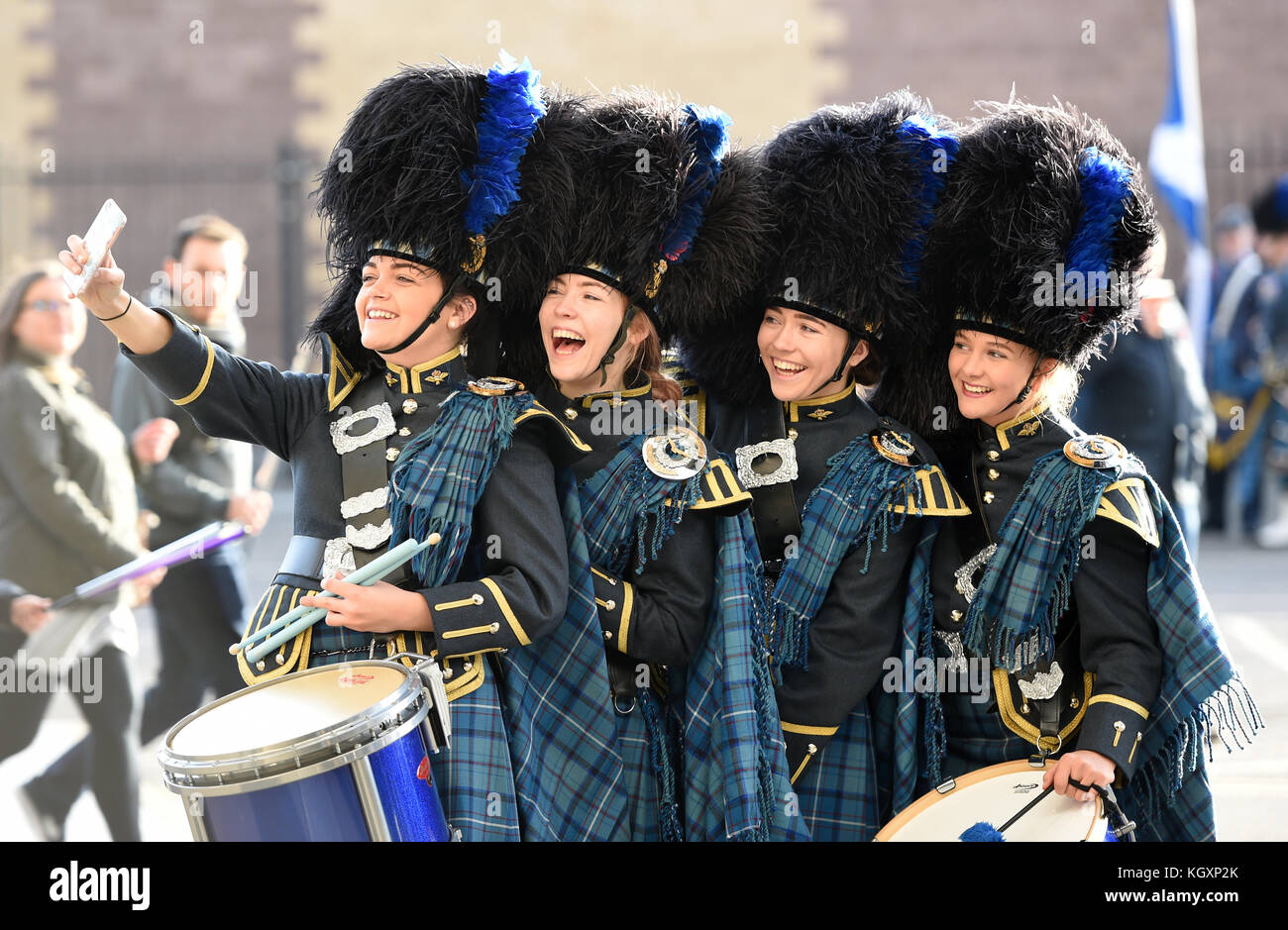 Members of the RAF Central Scotland Pipe Band take a selfie prior to ...