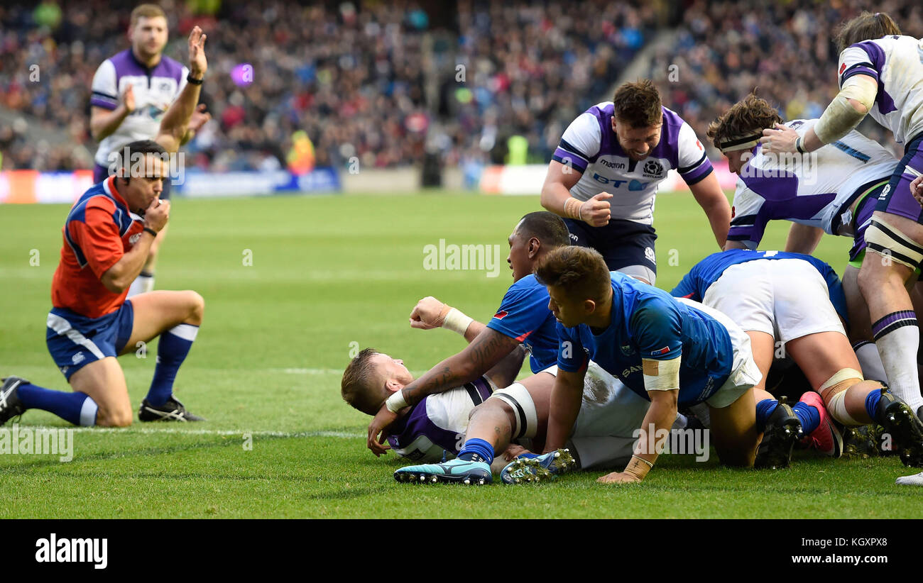 Referee Nic Berry awards Scotland their third try after Stuart McInally ...