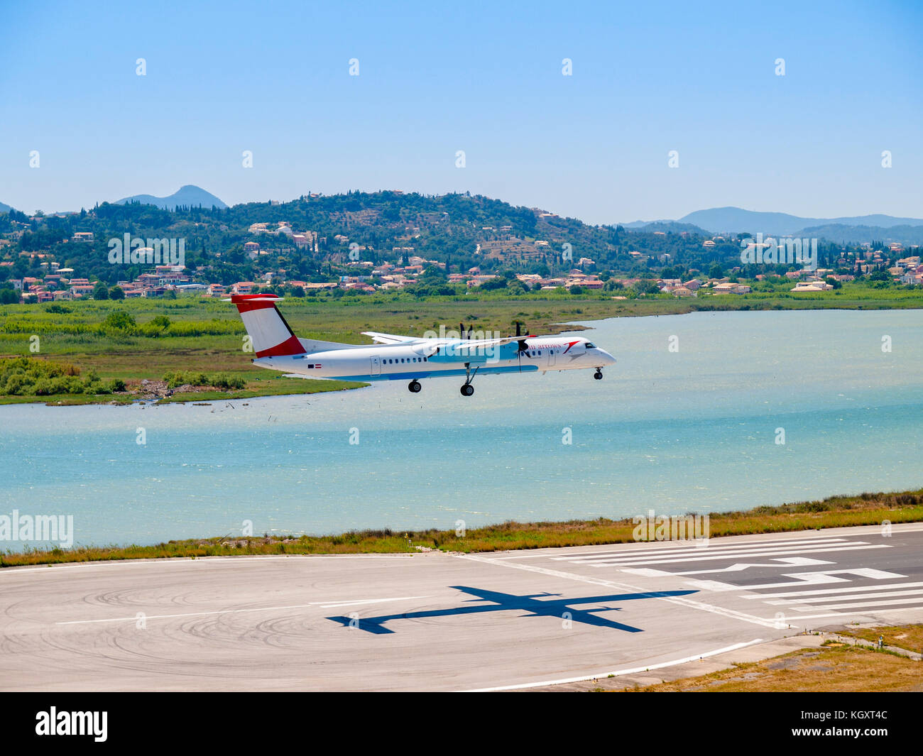 View of the landing plane. Airfield on the island of Corfu, Greece ...