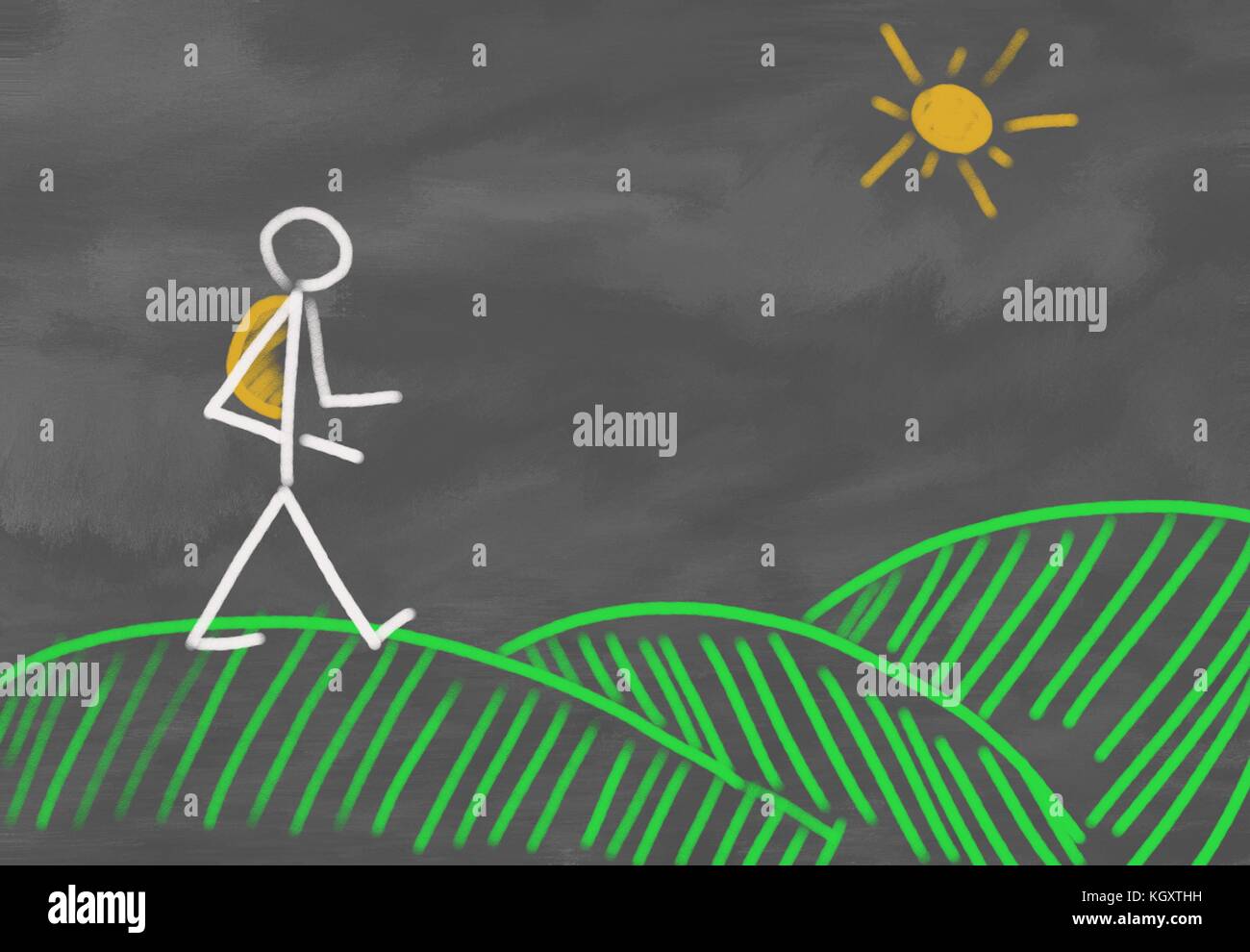 Stick Figure Person being active going hiking or walking over hills and ...