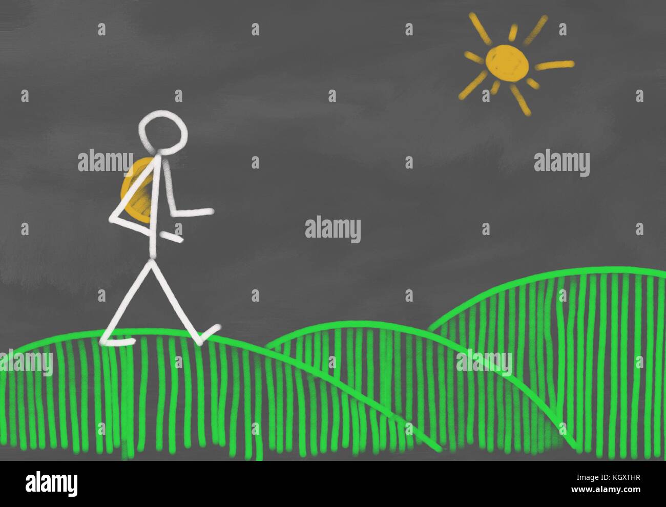 Stick Figure Person being active going hiking or walking over hills and ...