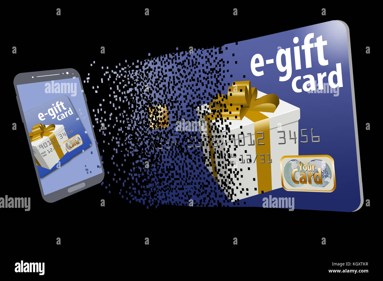 An e-gift card dissolves into pixel to illustrate the virtual nature of ...