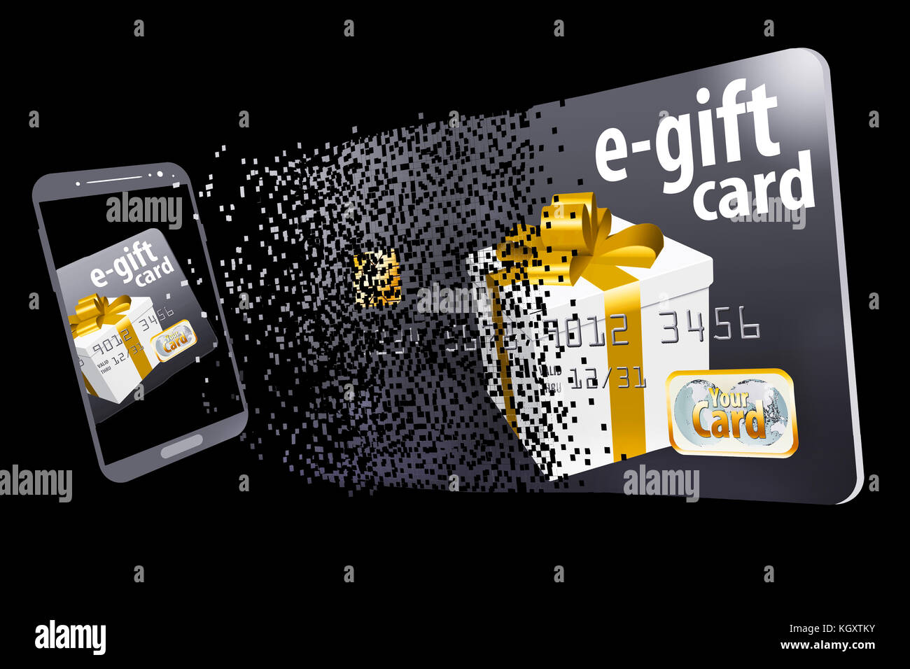 An e-gift card dissolves into pixel to illustrate the virtual nature of ...
