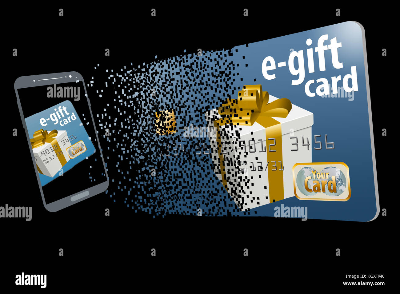 An e-gift card dissolves into pixel to illustrate the virtual nature of ...