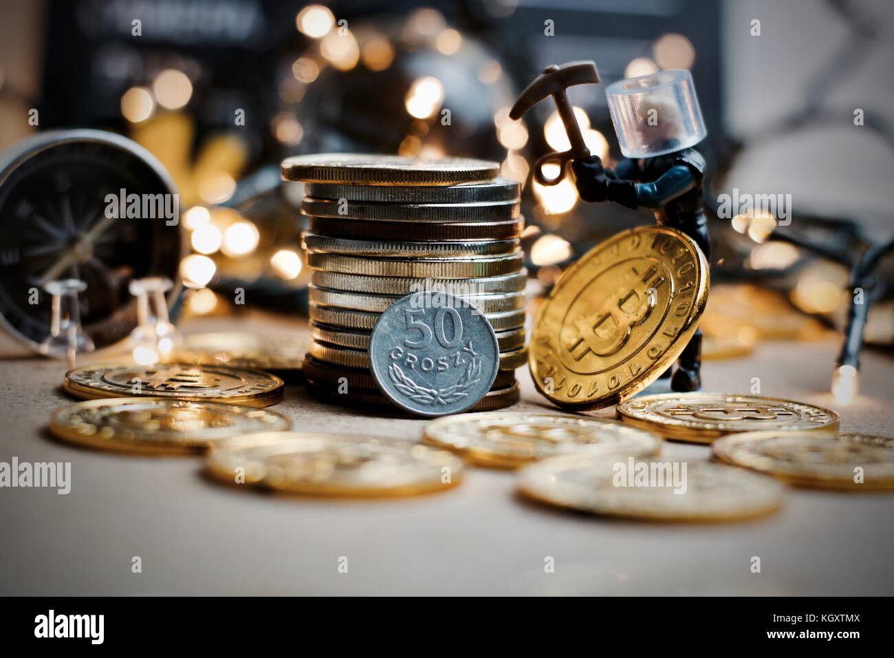 Digital currency physical metal coin. Christmas cryptocurrency concept ...