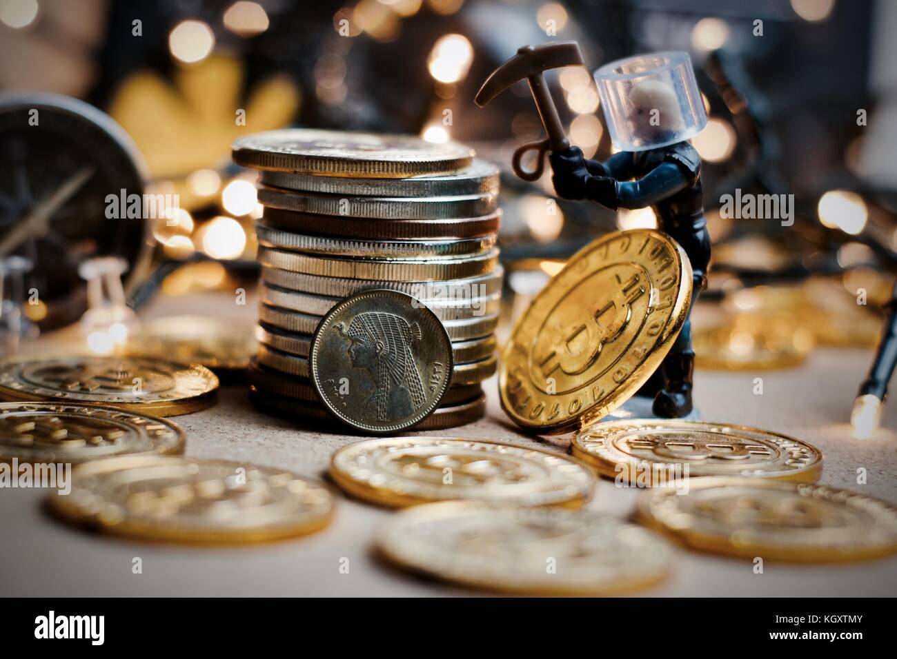 Digital currency physical metal coin. Christmas cryptocurrency concept ...