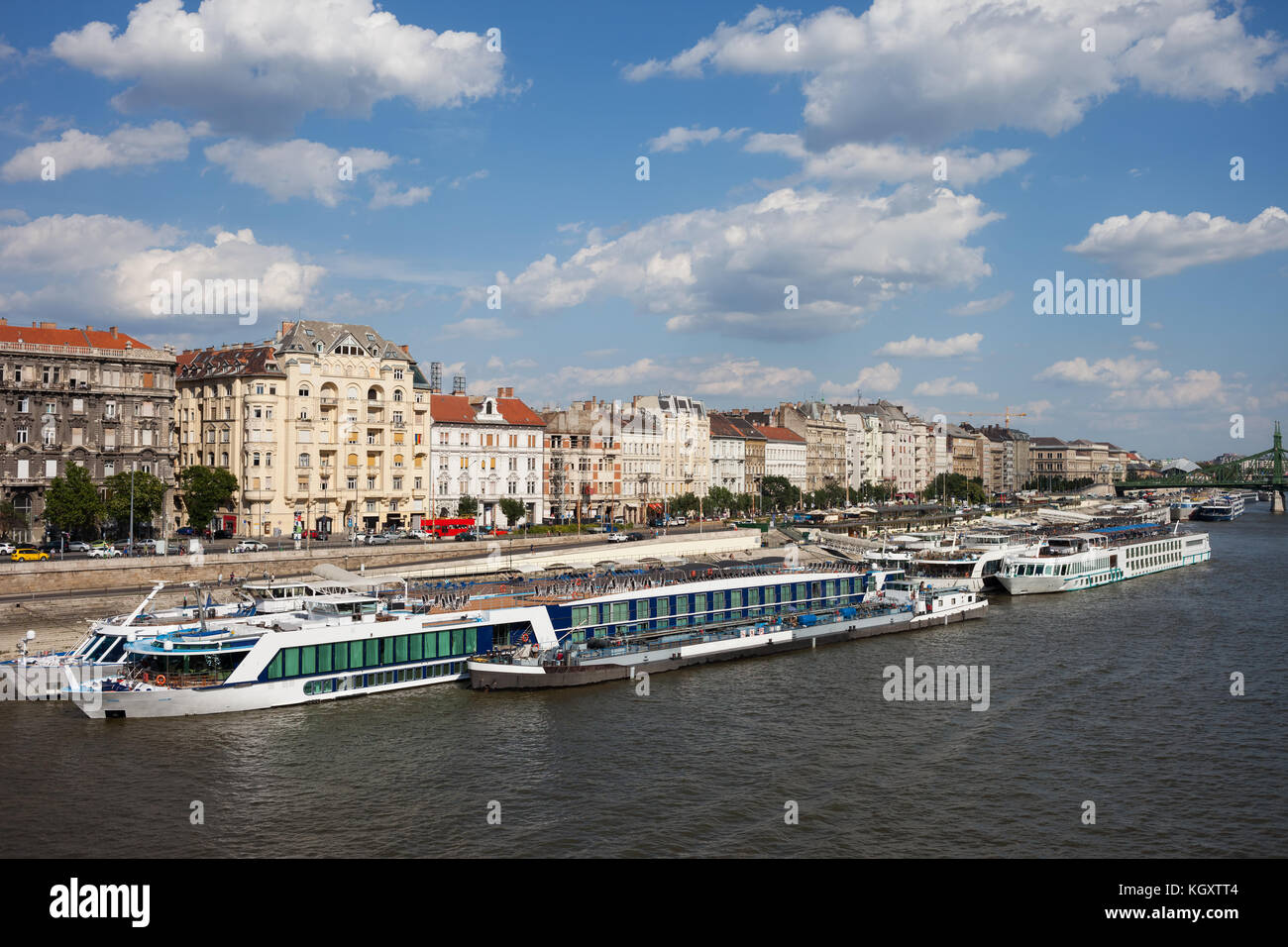 Hungary, Budapest city, passenger cruise boats at Pest waterfront ...