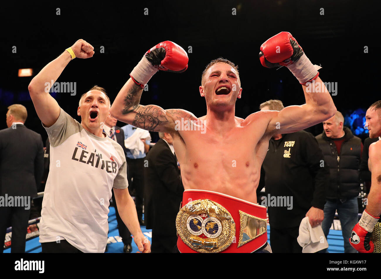 Josh Leather celebrates beating Glenn Foot after their IBF European ...