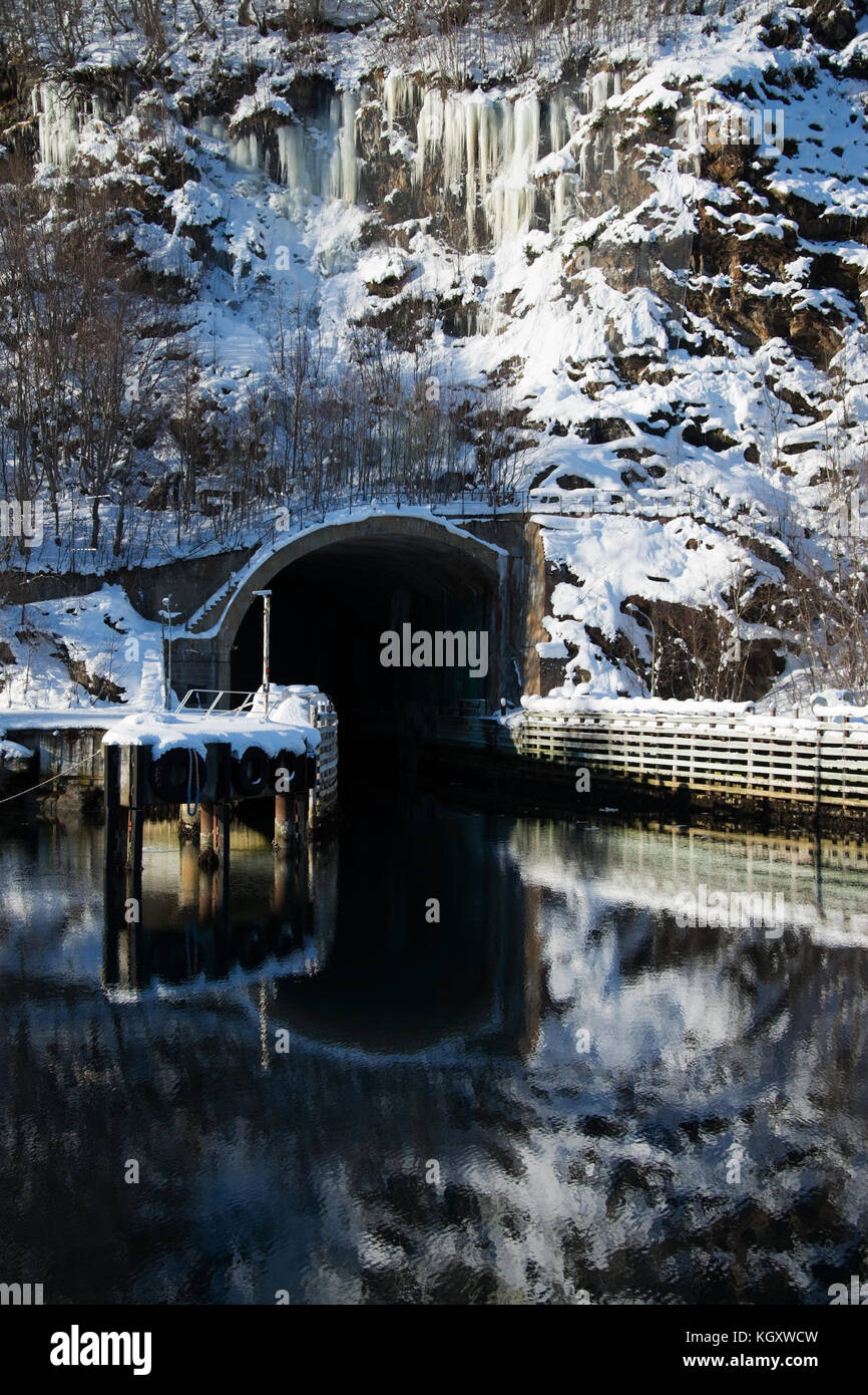 Entrance of the former submarine bunker Olavsvern near Tromsoe, Norway ...