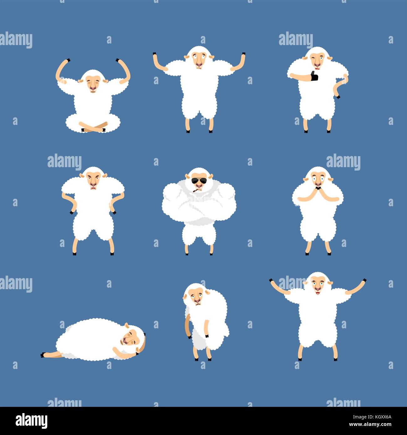 Sheep set poses and motion. Farm animal happy and yoga. Ewe sleeping ...