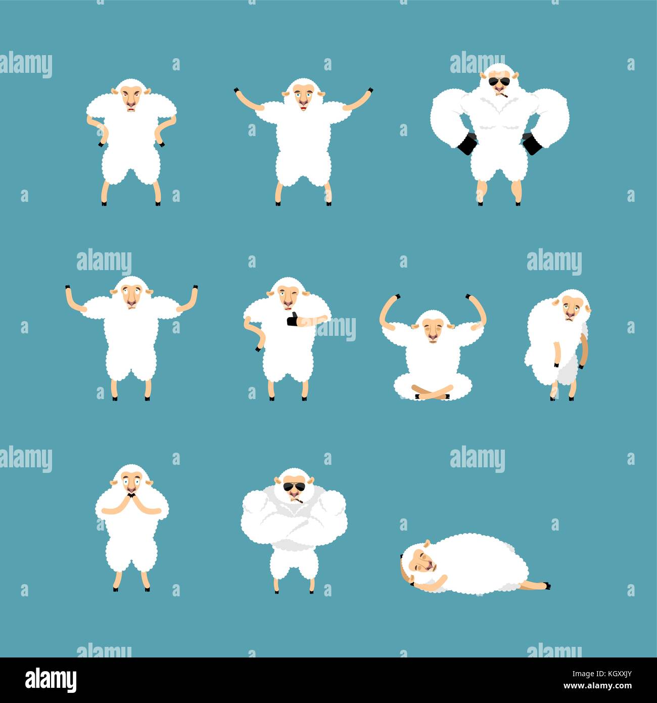 Sheep set poses and motion. Farm animal happy and yoga. Ewe sleeping ...