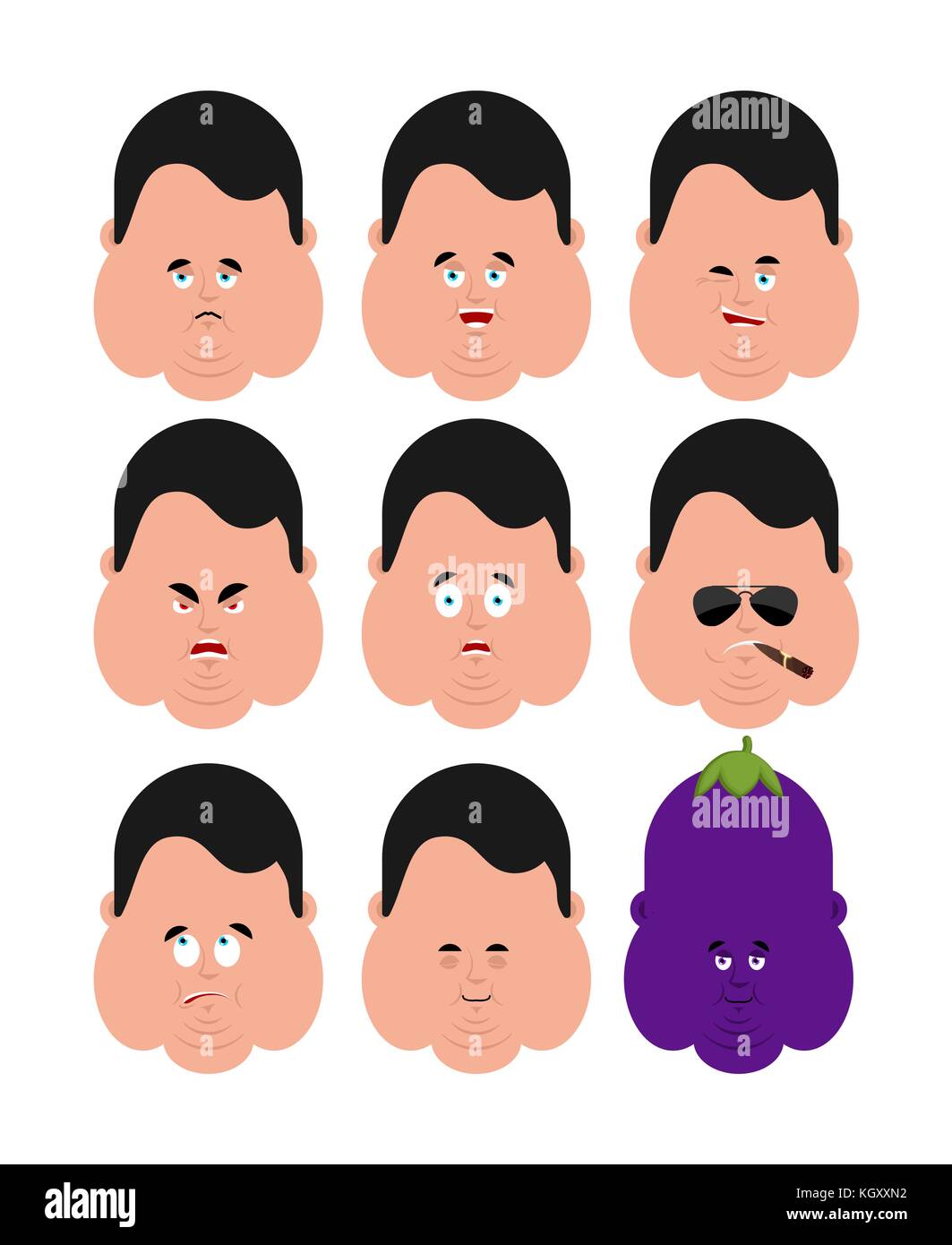 Fat set emotion avatar. sad and angry face. guilty and sleeping. Stout ...