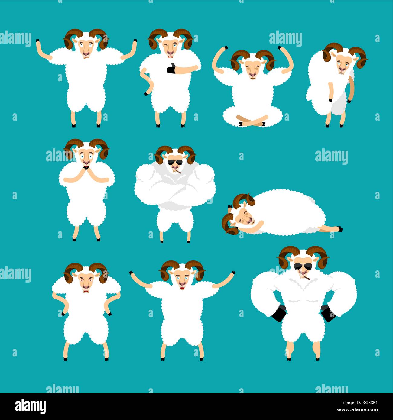 Ram set poses and motion. Farm animal happy and yoga. Sheep sleeping ...
