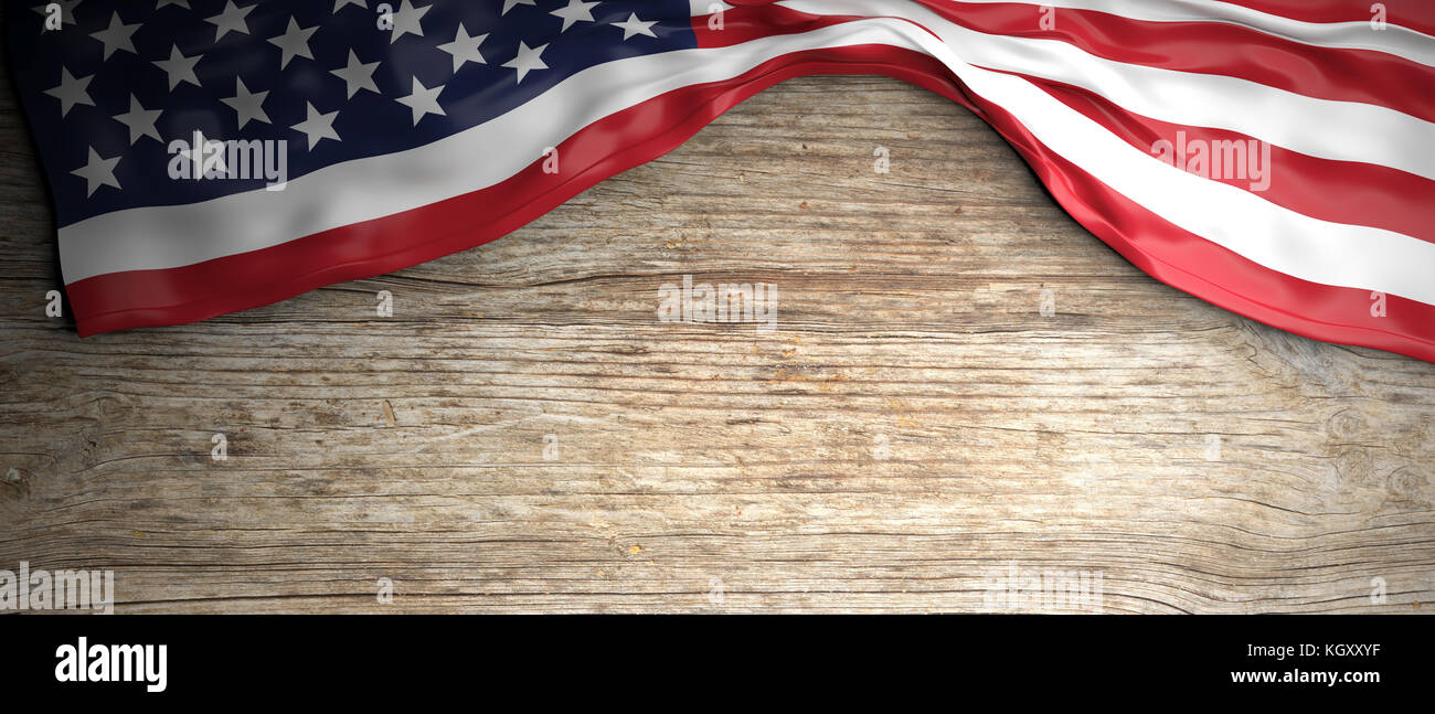 USA crumpled flag placed on wooden background with copyspace. 3d ...