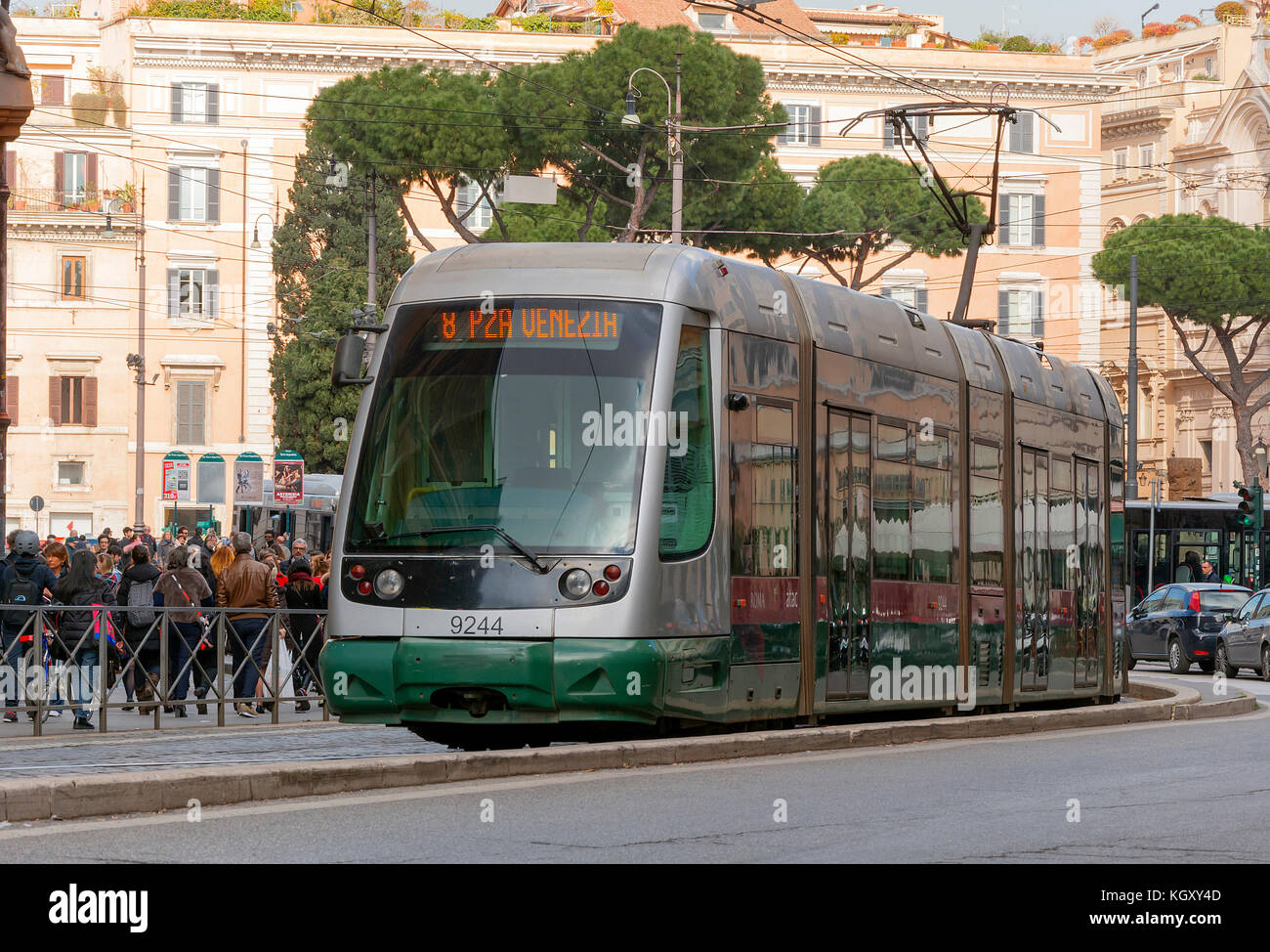 Rome, Italy, february 11, 2017: line 8 tram moving in Largo Argentina ...