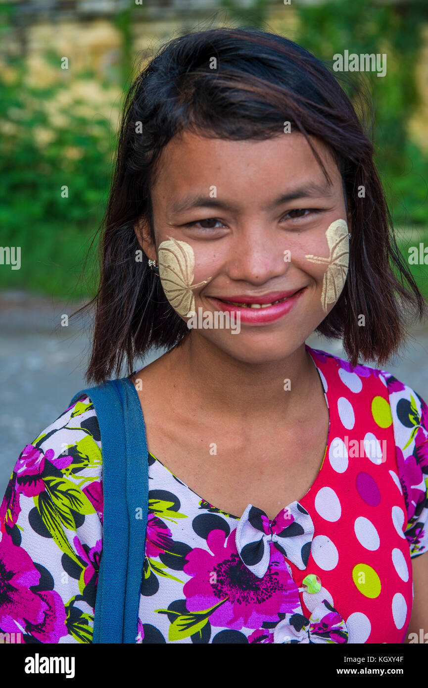 Portrait of Burmese girl with thanaka on face on Mandalay Myanmar Stock ...