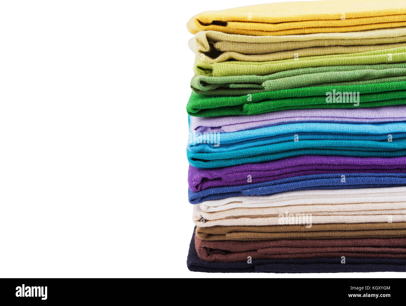 Stack of multicolored linen fabric, side view isolated on white Stock ...