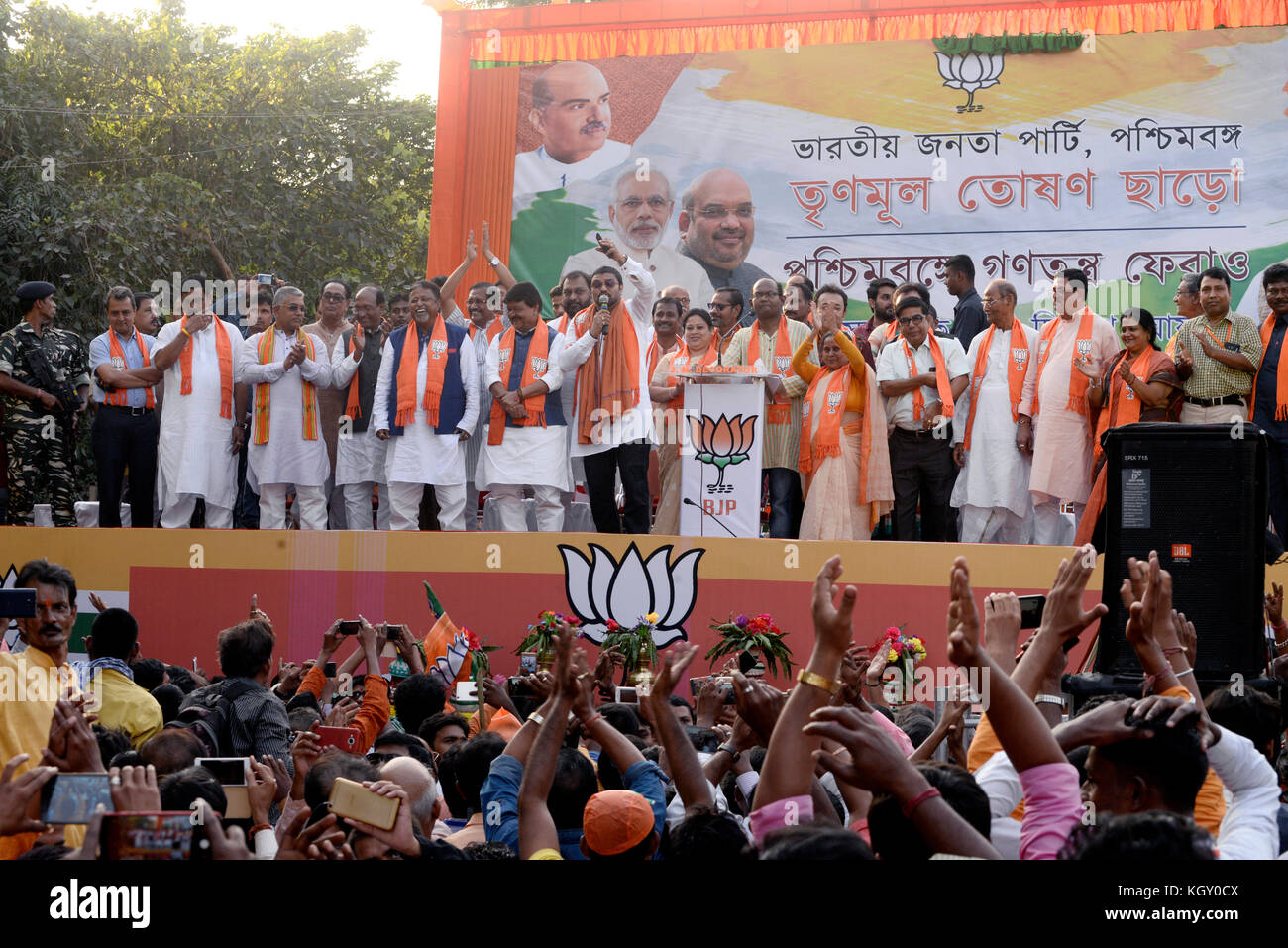 Rahul Sinha, Dilip Ghosh, Mukul Roy, Kailash Vijayvargiya, Babul Supriyo (from left to right ...