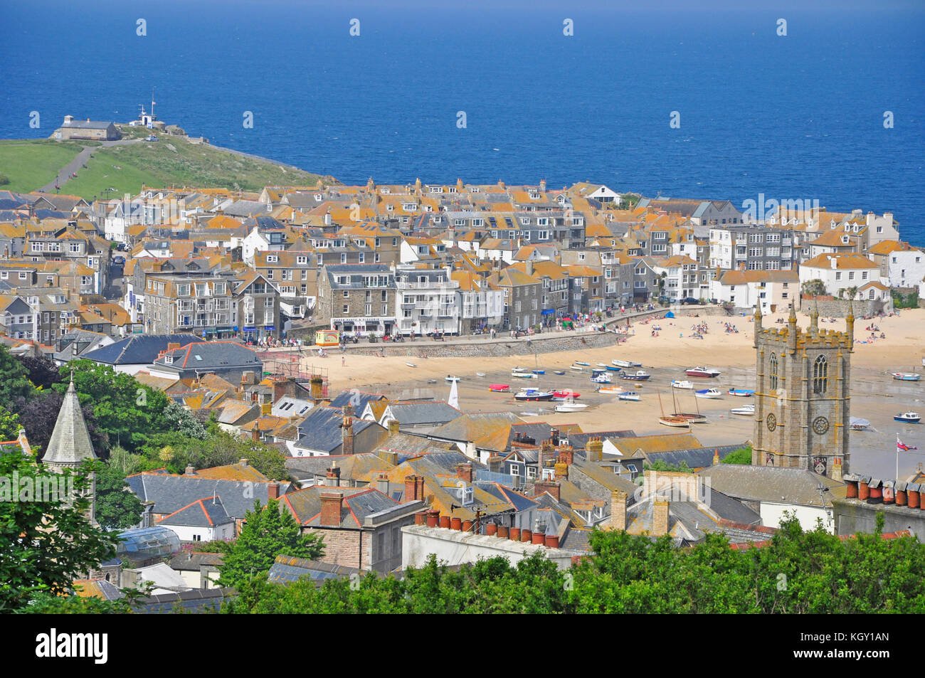 St Ives harbour from above,tides out with many beached boats.Look out ...