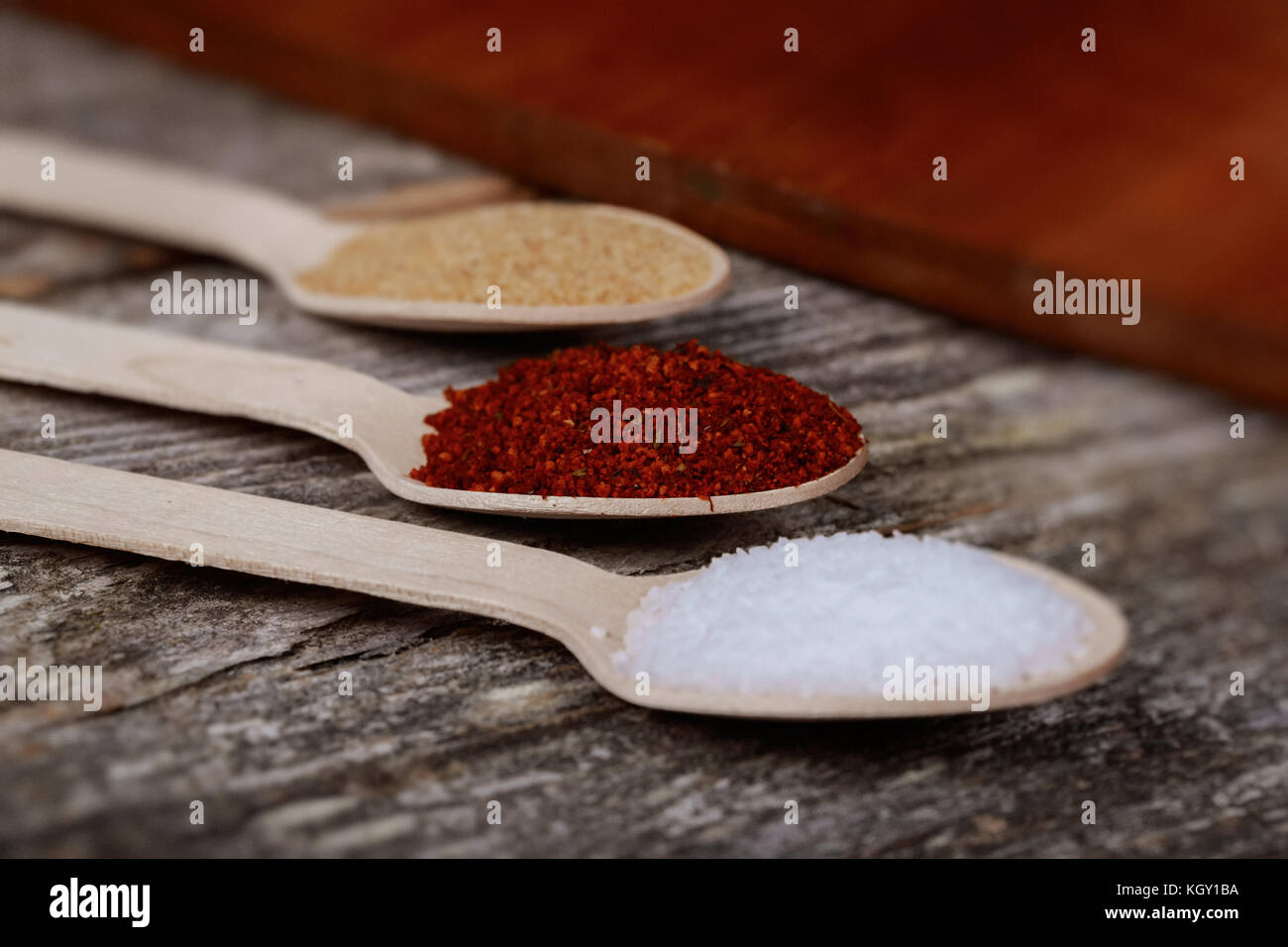 ground spices for meat garlic salt pepper Three spoons with spices are ...