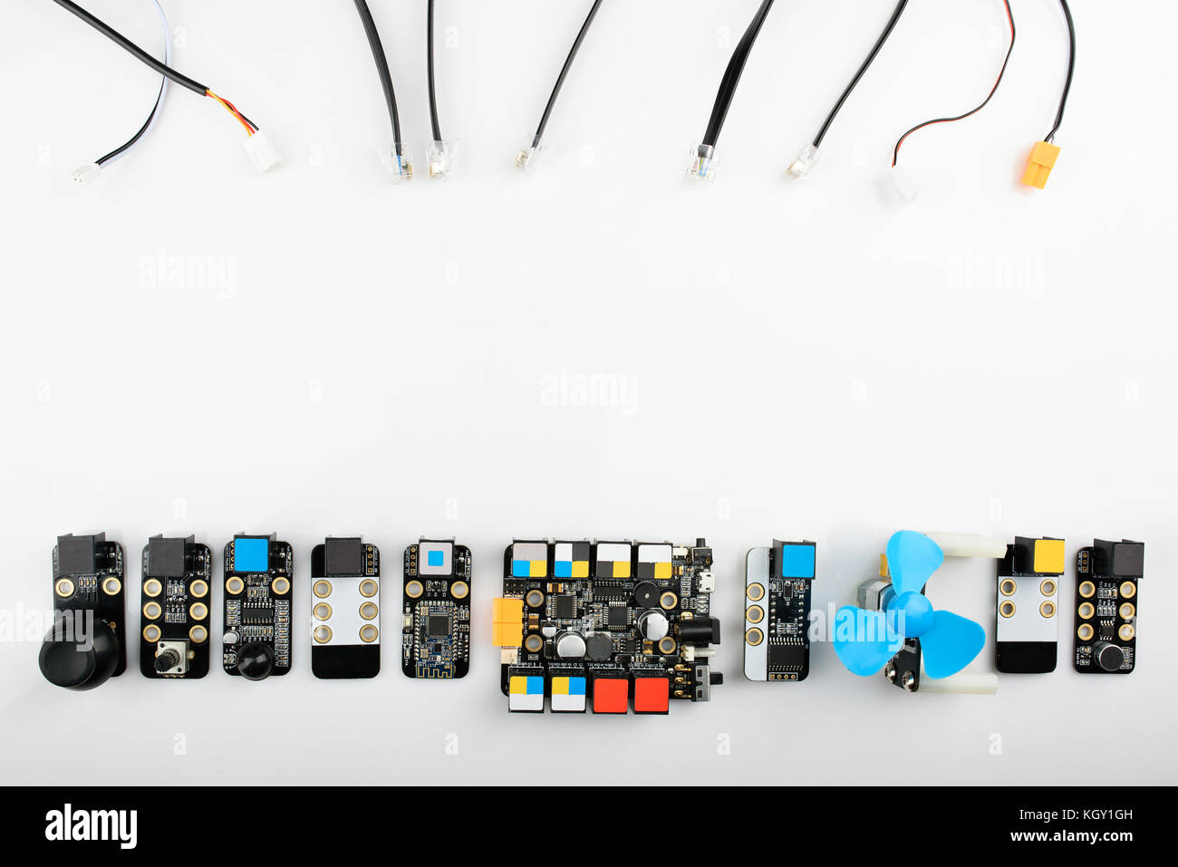 Electrical boards and wires concept above view on white background ...