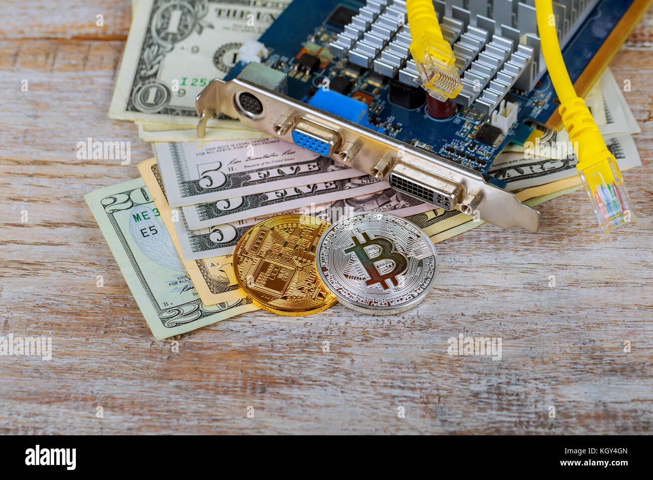 Golden bitcoin coins on a paper dollars . Virtual currency. Crypto ...