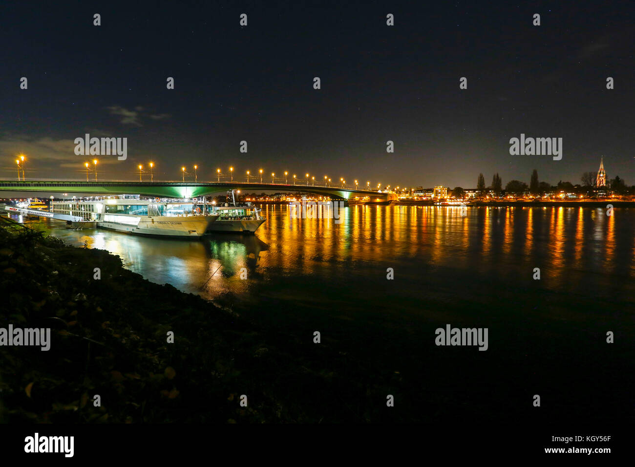Night view of the Rhein River at Bonn in Germany Stock Photo - Alamy