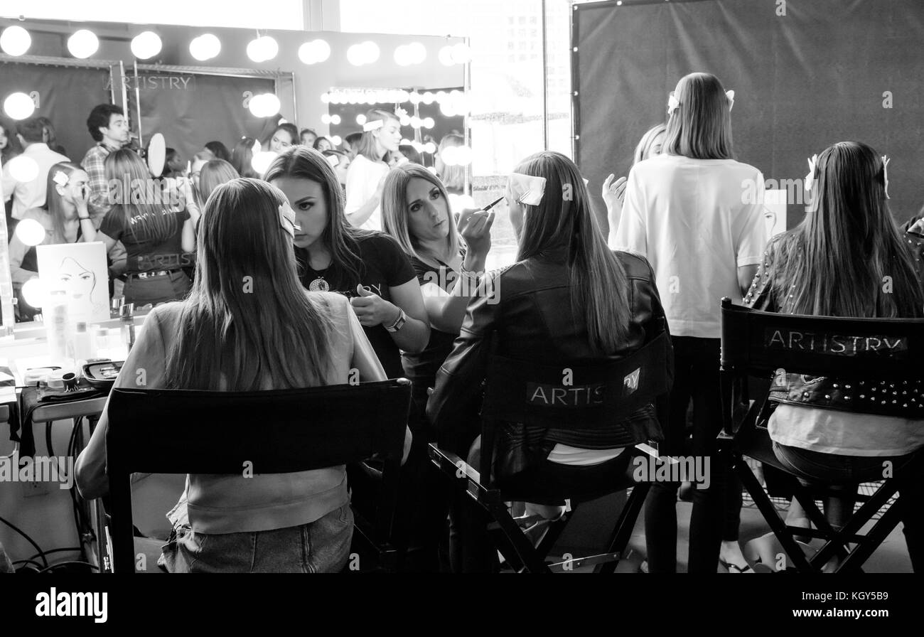 NEW YORK, NY - September 06, 2017: Models prepare backstage for the ...