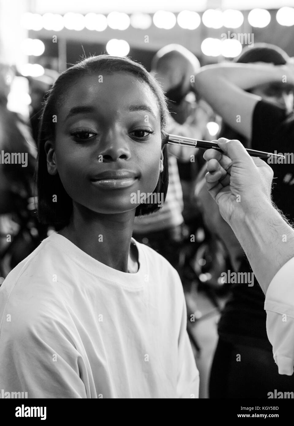 NEW YORK, NY - September 06, 2017: Olivia Anakwe prepares backstage for ...