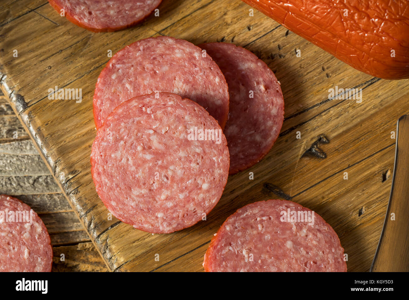 Spiced Savory Hard Salami Cut into Slices Stock Photo - Alamy