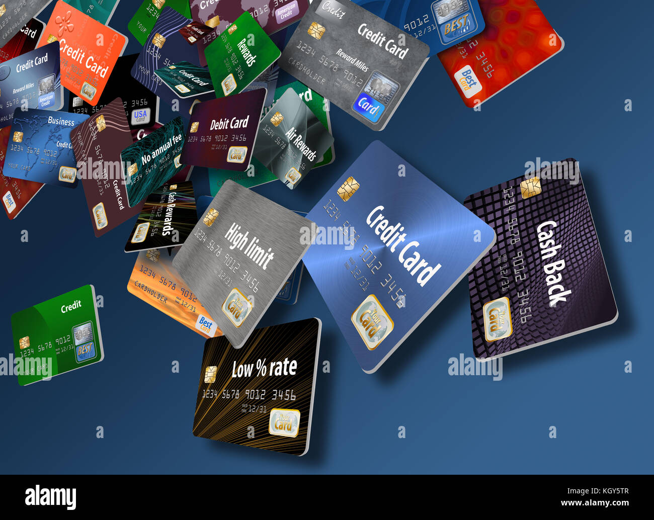 Generic credit cards, many of them, are seen flying, floating across ...