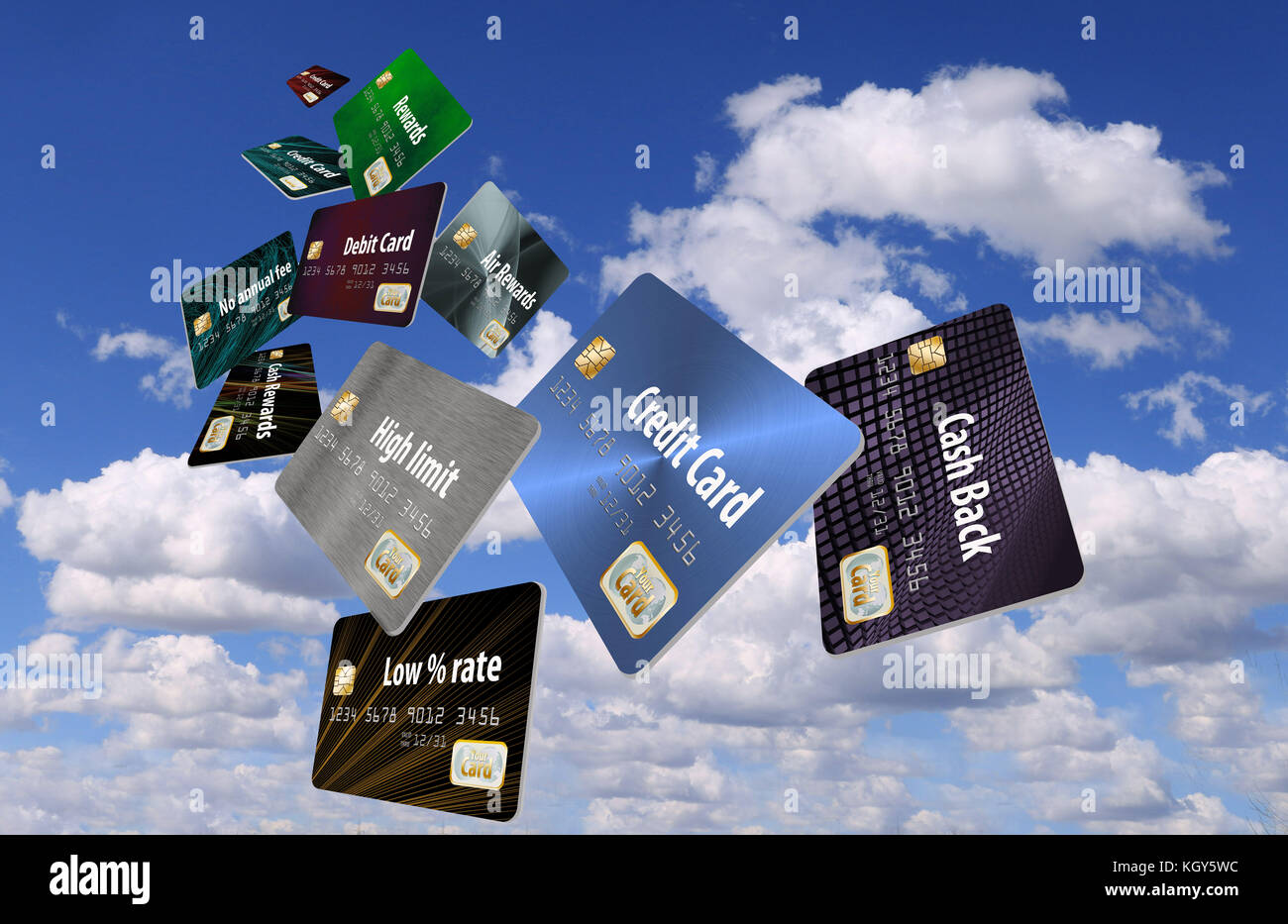 Generic credit cards, many of them, are seen flying, floating across ...
