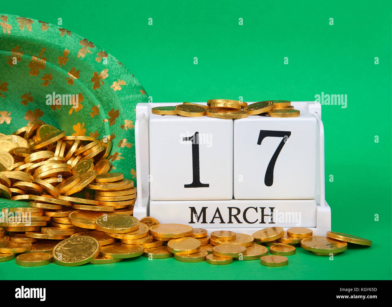 Close up on wood blocks showing calendar date March 17th, Saint Patrick ...