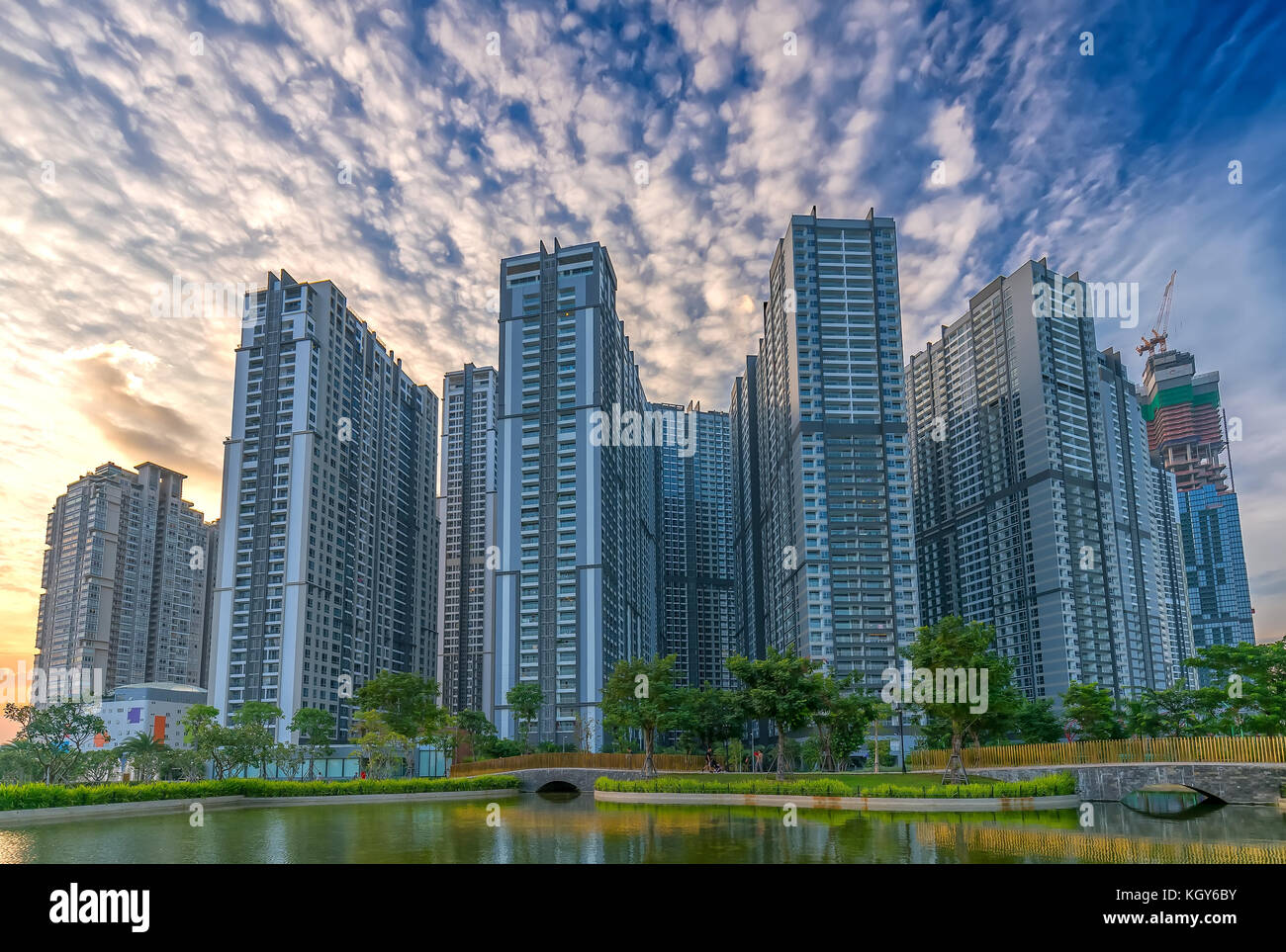 Panoramic skyscrapers at sunset with sky impressive in apartment ...