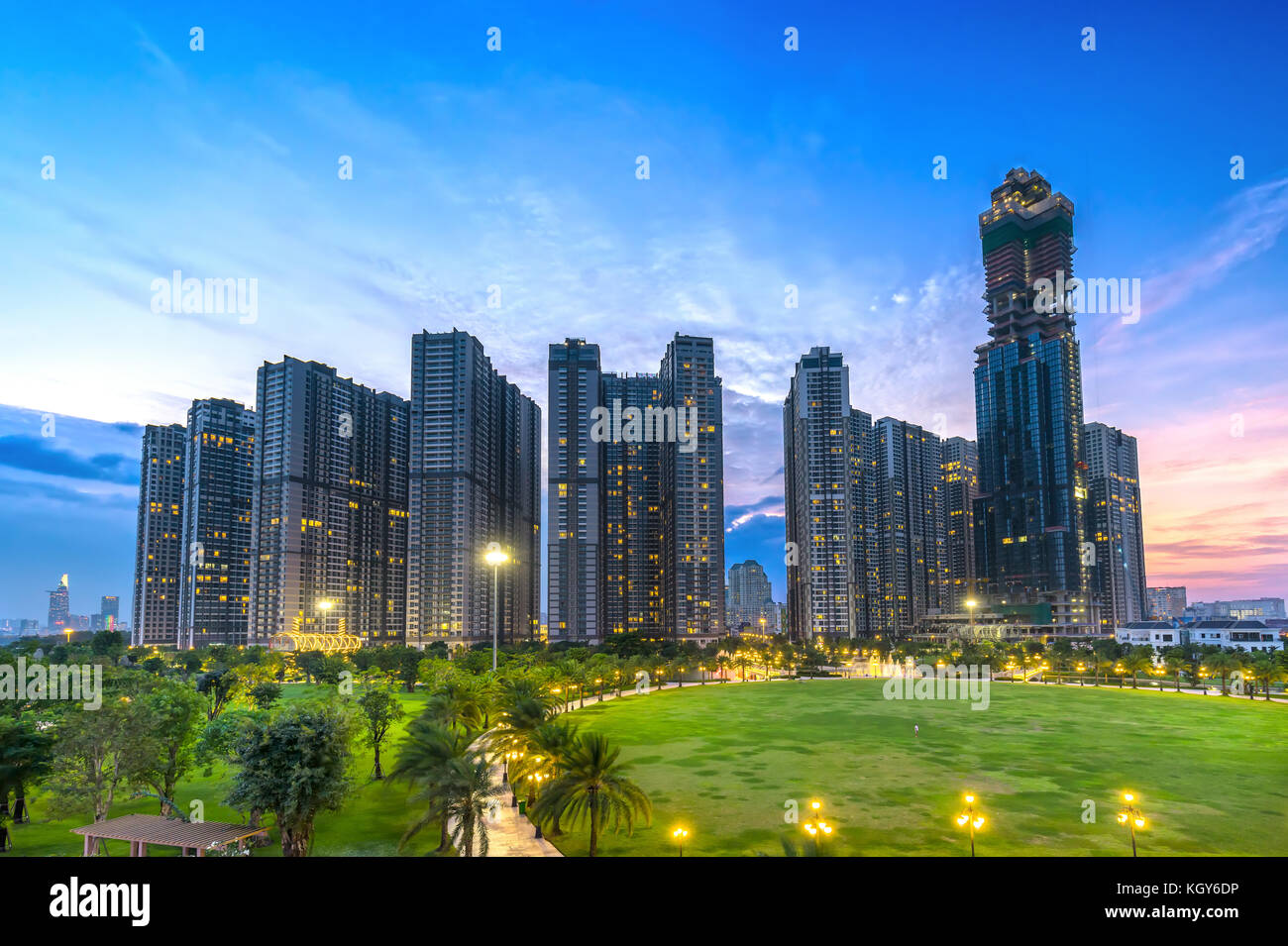 Panoramic skyscrapers at sunset with sky impressive in apartment ...