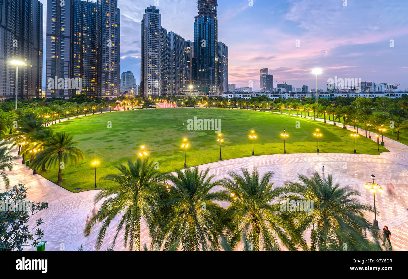 Panoramic view of skyscrapers at night with many sparkling lights ...