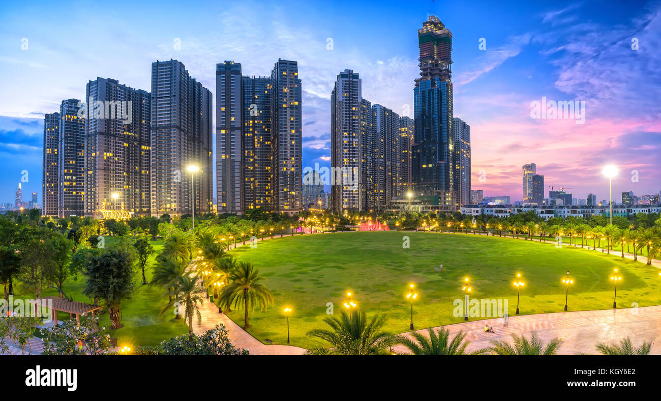 Panoramic view of skyscrapers at night with many sparkling lights ...