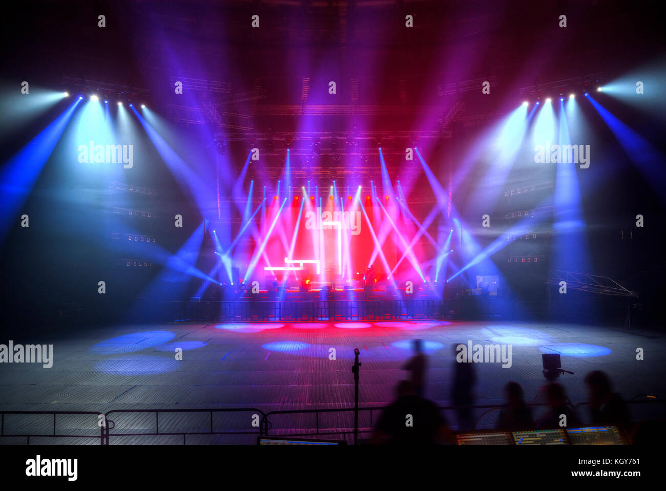 Technical preparation for the big concert indoors. Backstage Stock ...