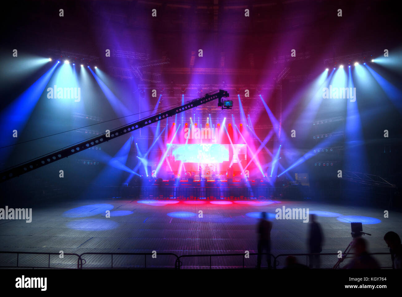 Technical preparation for the big concert indoors. Backstage Stock ...