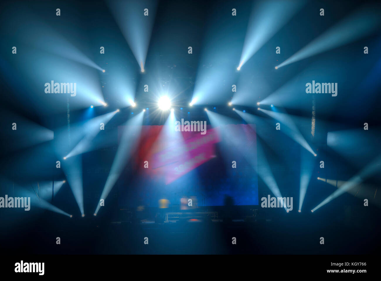 Technical preparation for the big concert indoors. Backstage Stock ...