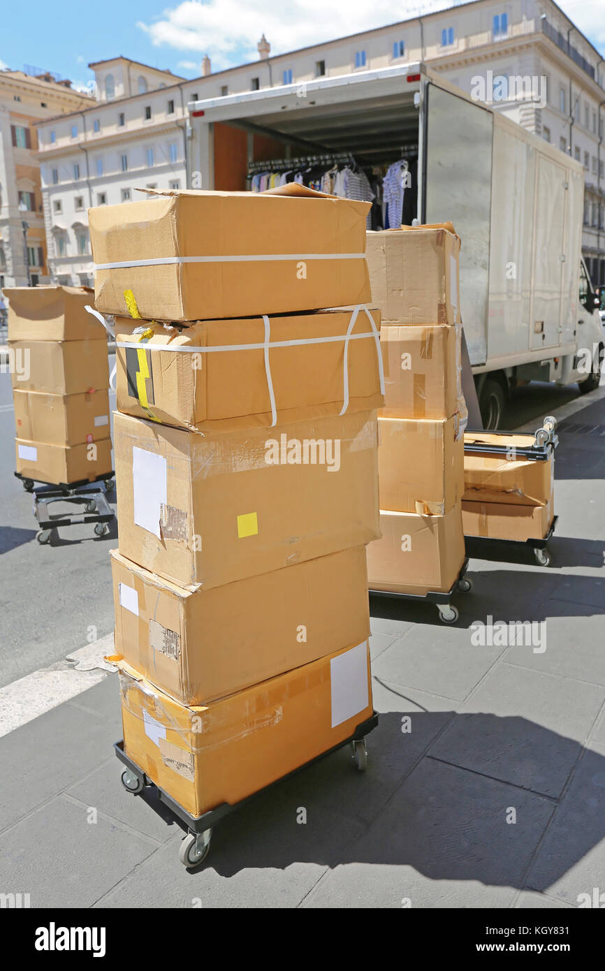 Merchandise in Boxes Delivery at Street in City Stock Photo - Alamy