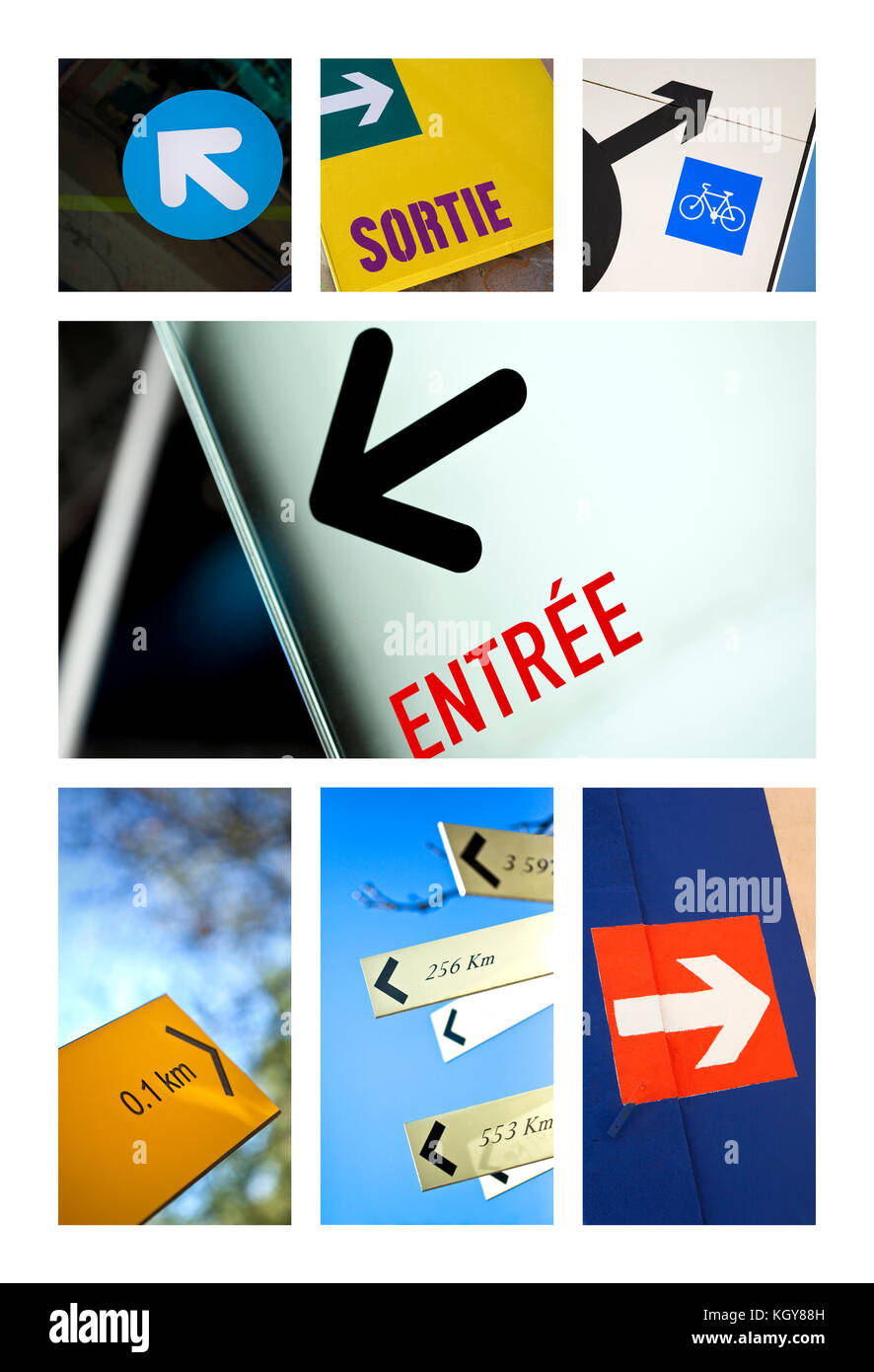 Way signs and arrows on a collage Stock Photo - Alamy