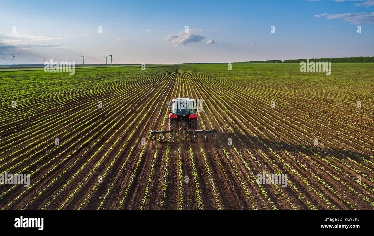 Tractor cultivating field at spring,aerial view Stock Photo - Alamy