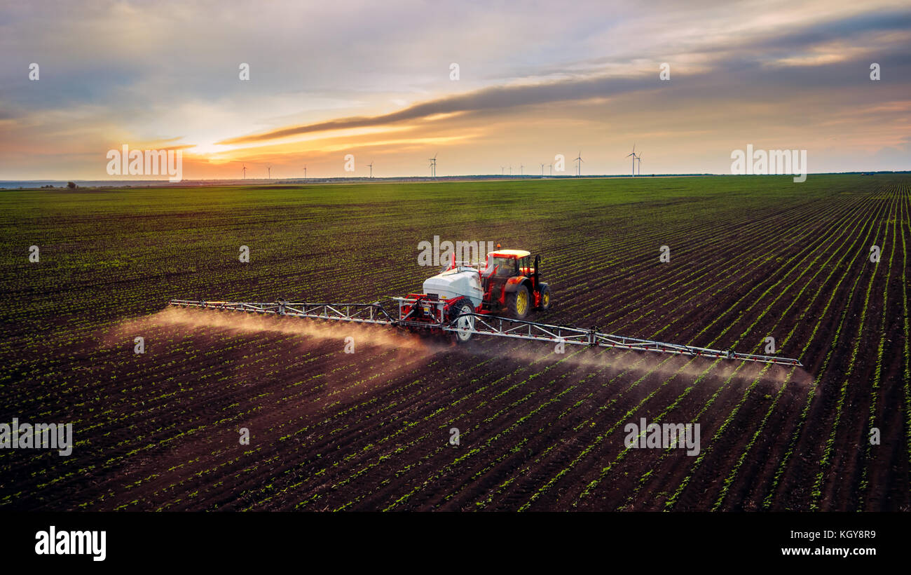 Tractor spraying field at spring ,aerial view Stock Photo - Alamy