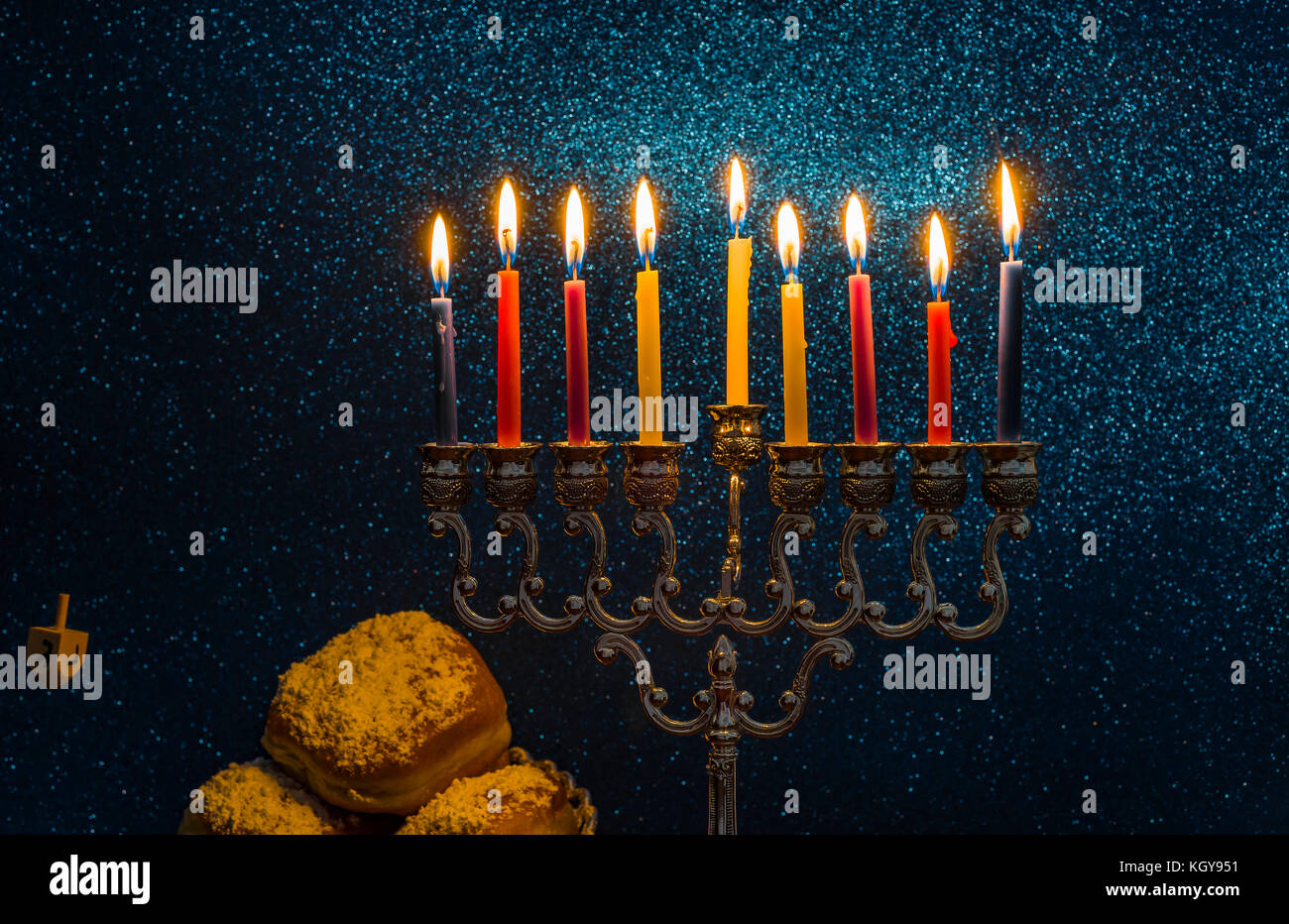Image of the Hanukkah Jewish holiday with a menorah and burning candles ...