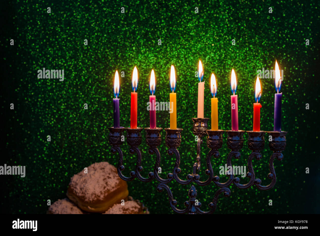 Image of the Hanukkah Jewish holiday with a menorah and burning candles ...