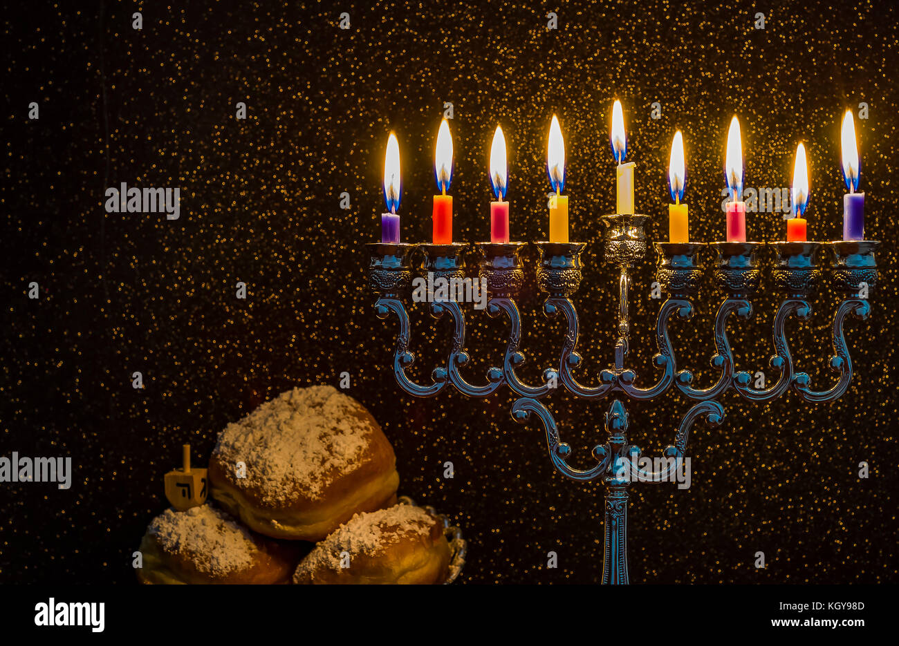 Image of the Hanukkah Jewish holiday with a menorah and burning candles ...